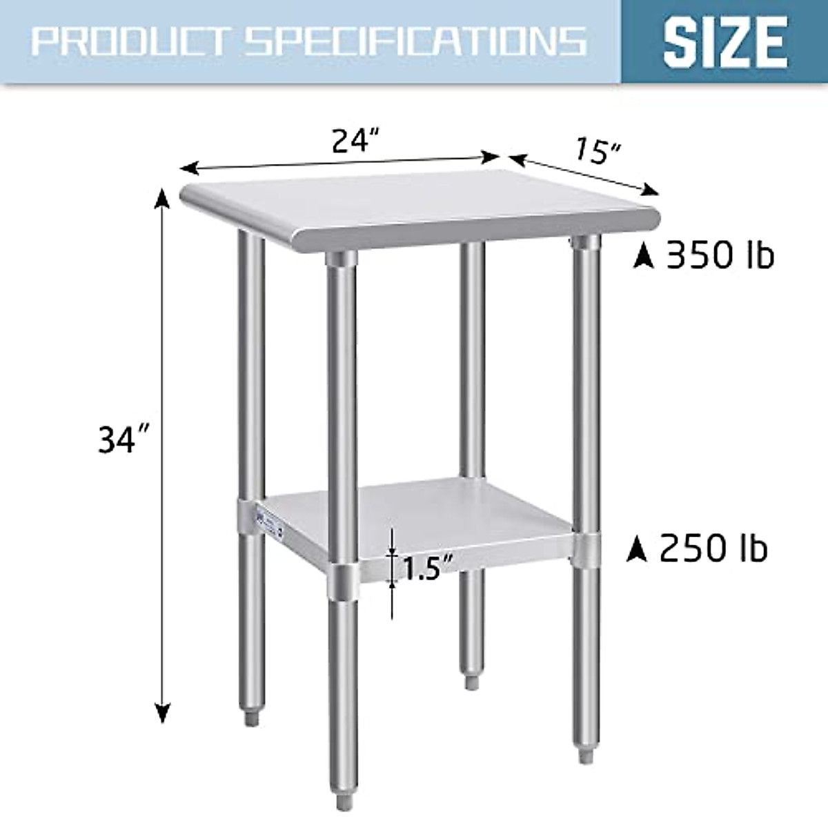 Hally Stainless Steel Table for Prep & Work 24 x 15 Inches, NSF Commercial Heavy Duty Table with Undershelf and Galvanized Legs for Restaurant, Home and Hotel