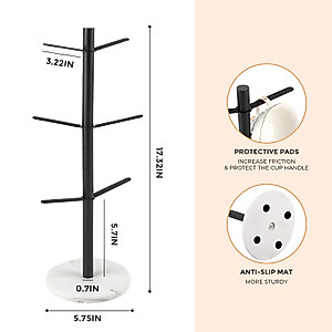 RIKBVOM Marble Mug Holder Tree, Coffee Cup Holder with 6 Hooks, Upgraded Stable Metal Coffee Mug Holder Mug Tree Stand Display Rack for Counter Kitchen Cabinet, Coffee Bar Accessories, Cafe Organizer