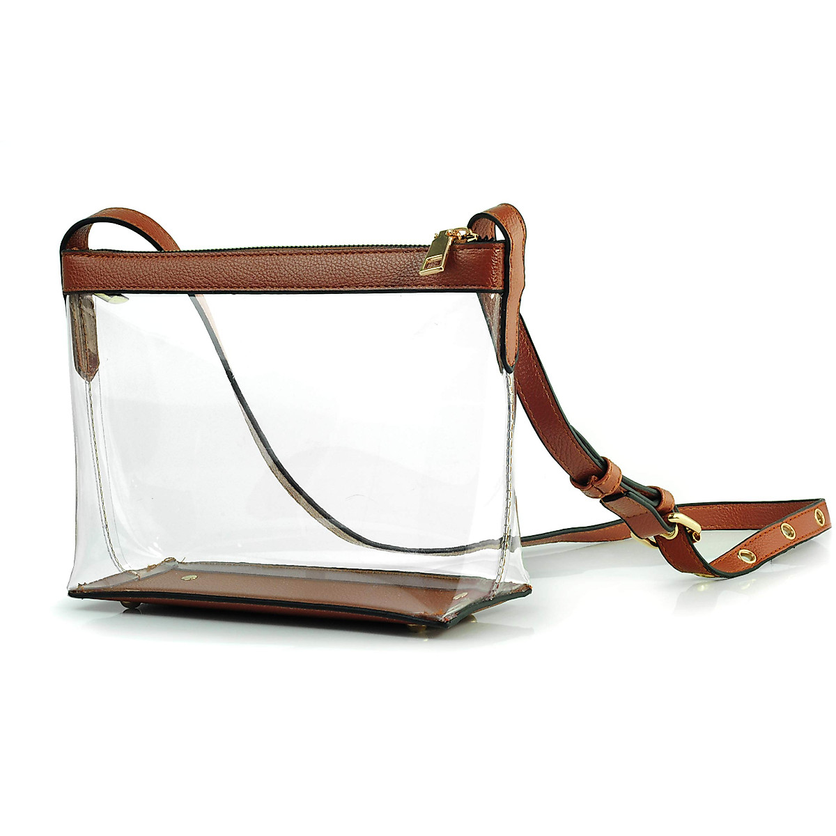 Clear Zipper Cross Body Bag with Vegan Leather Trim (Brown) Small