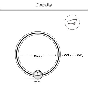 Yaalozei 22G Nose Rings Hoops Piercing Jewelry Women Stainless Surgical Steel Captive Bead Septum Nose Eyebrow Lip Smiley Rings Tragus Cartilage Helix Rook Daith Earring Hoop Piercing Jewelry Men 8mm