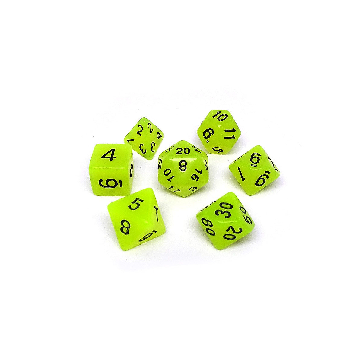 Glow in The Dark Polyhedral Dice Set - 7 Piece Dice Set with One D20, D12, D10, D8, D6, D4, and D00 (Yellow with Black Font)