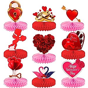KatchOn, Valentine Honeycomb Centerpieces - Pack of 9 | Red and Pink Valentines Decorations for Party | Valentines Day Decorations for Table | Valentines Centerpieces for Valentines Table Decor