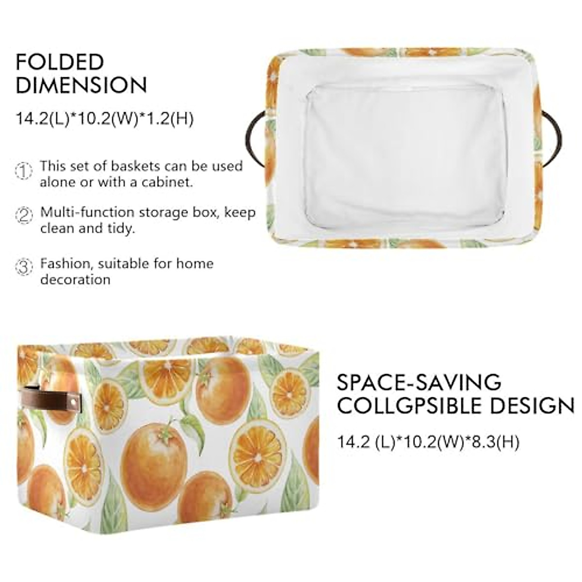 Orange Fruit Leafs Storage Basket Bins Collapsible Toy Storage Bins with Handles Laundry Baskets for Bedroom Office Clothes Pet Nursery Living Room,1 pcs