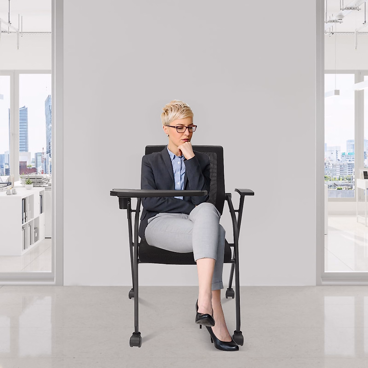 LOHISHILO 1pcs Mesh Guest Reception Stack Chair with Caster Arms for Office Conference, Reception, Training Room Chair, Schools, Meeting Rooms, Step Classrooms, Churches, Homes