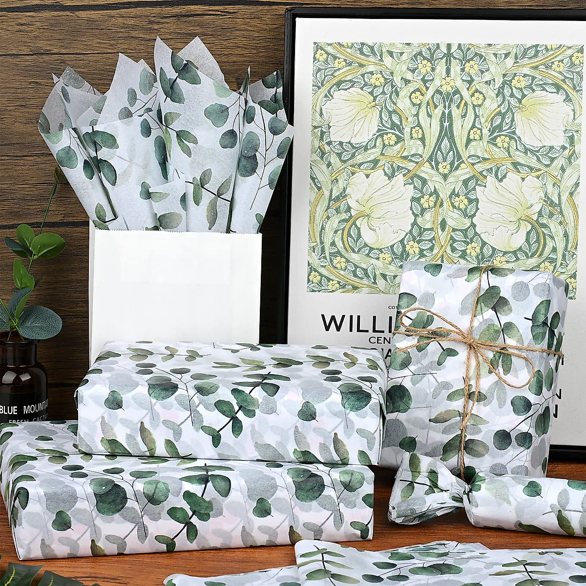 Bolsome 100 Sheets 20 * 14 Inches Eucalyptus Tissue Paper Greenery Botanical Gift Wrapping Tissue Boho Herb Decor Spring Wrapping Tissue for Gift Bags for Baby Shower, Wedding,Birthday Crafts