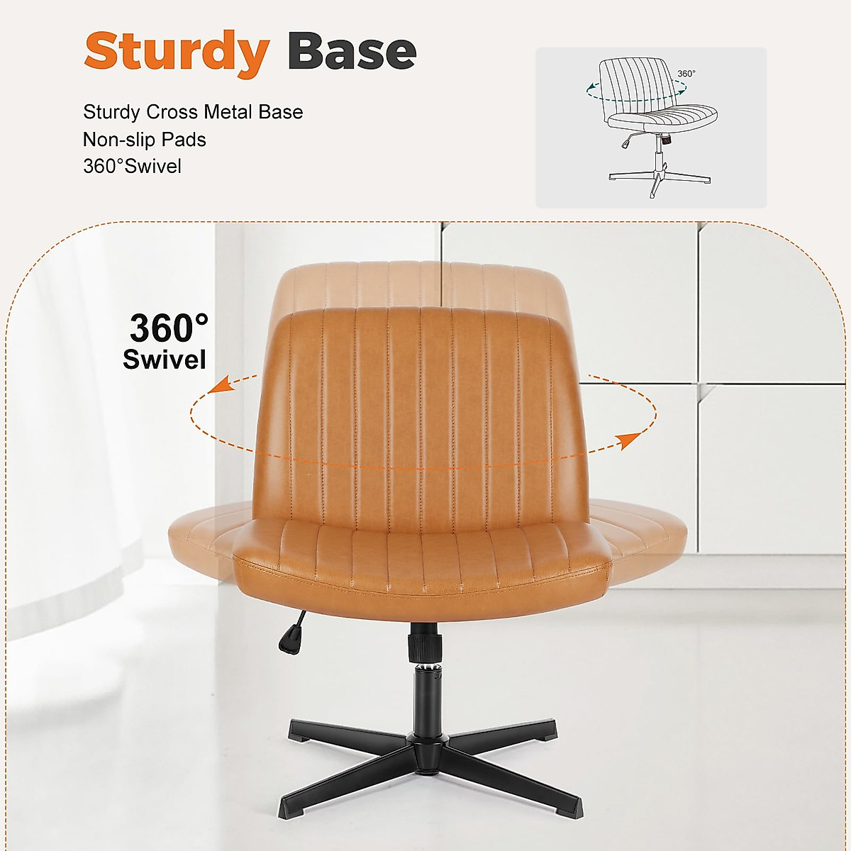 Sweetcrispy Cross Legged Office Chair, Criss Cross Chair Armless Wide Desk Chair No Wheels, Adjustable Swivel Home Office Vanity Chair