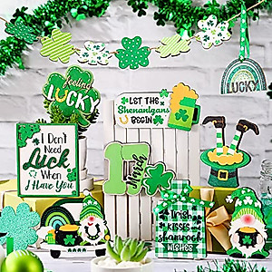 15 Pcs St. Patrick's Day Tiered Tray Decor Set Shamrock Gnome Truck Wood Sign Rustic Irish Theme Table Centerpiece Tabletop for Home Table House Decor, Tray Not Included (Shamrock)