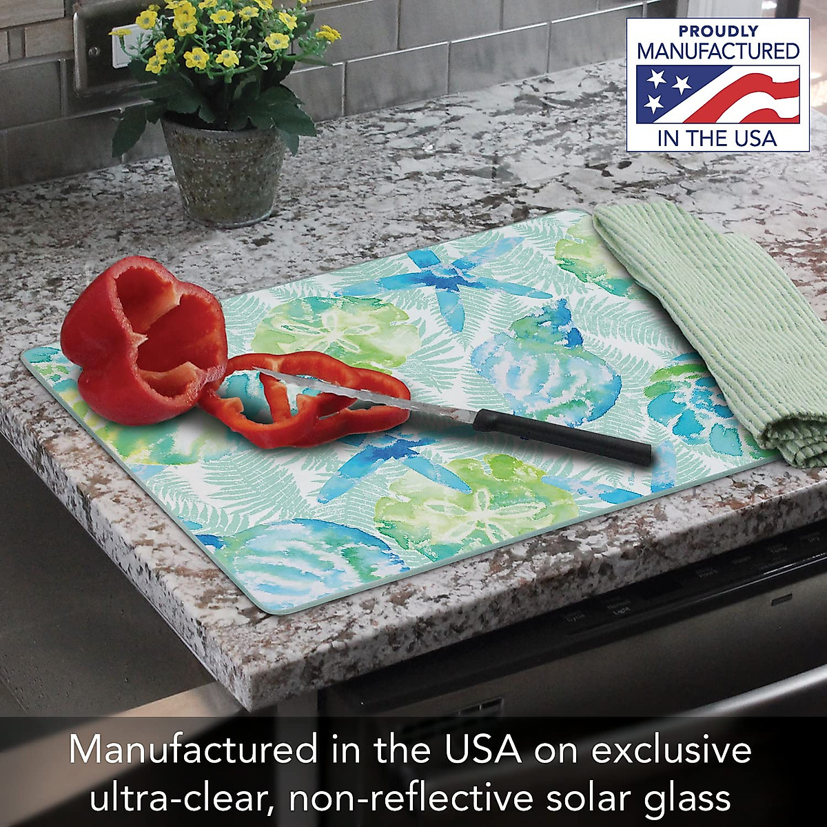 CounterArt Coastal Isla Mona 3mm Heat Tolerant Tempered Glass Cutting Board 15” x 12” Manufactured in the USA Dishwasher Safe