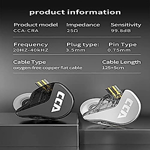 Wired Earbuds CCA CRA in Ear Wired Earphone Headset Monitors Headphones with 2Pin Detachable Cable, Ultra-Thin Diaphragm Dynamic Driver IEM, Clear Sound & Deep Bass, with 3.5 mm Interface(Black)