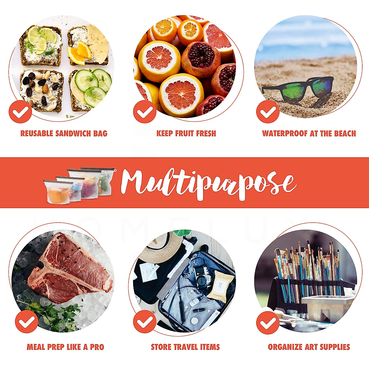 Homelux Theory Reusable Freezer Bags | LEAKPROOF, AIRTIGHT | 100% Food Grade Silicone Food Storage Bags| Reusable Sandwich Bags | travel picnic lunch Reusable Snack Bags (2 Large + 2 Medium + 2 Small)