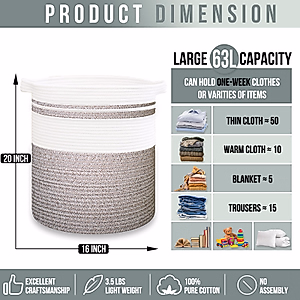 Large Laundry Hamper Basket, Clothes Hamper for Bedroom, Nursery, Living Room - Jute Woven Rope Basket with Handles, Collapsible laundry baskets for Toys, Pillows, Blankets-20x16in-63L Brown & White