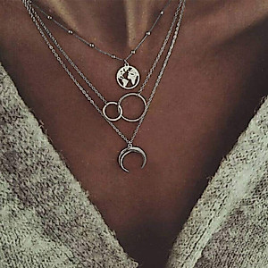 fxmimior 2 Tier Boho Dainty Layered Necklace Moon Necklaces Map Pendant Silver Gold Jewelry Stackable Choker Necklaces for Women and Girls (Silver)