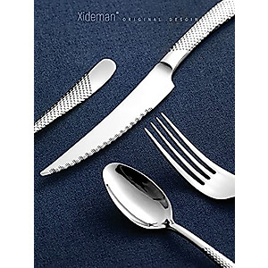 Xideman Innovative Ultra-Sharp 2-IN-1 Serrated Forged Knife For Dinner and Steak. 6 Piece High carbon Stainless Steel Steak Knife Sets, 9.14" Hammered Solid Handle Dinner Knives. (Silver)