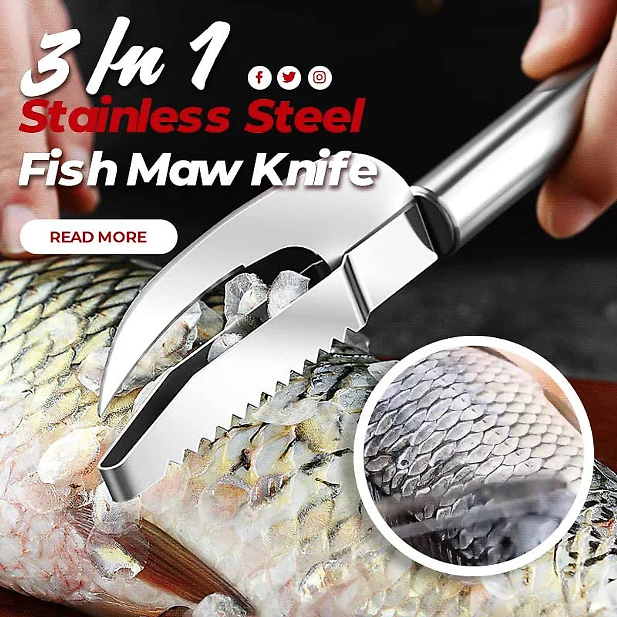 Fish Scale Knife Cut/Scrape/Dig 3-In-1, Fish Scale Knife, Fish Scaler Remover, 3-In-1 Fish Scaler Remover Cutter, Stainless Steel Fish Scale Remover, Stainless Steel 3 In 1 Fish Maw Knife (one)