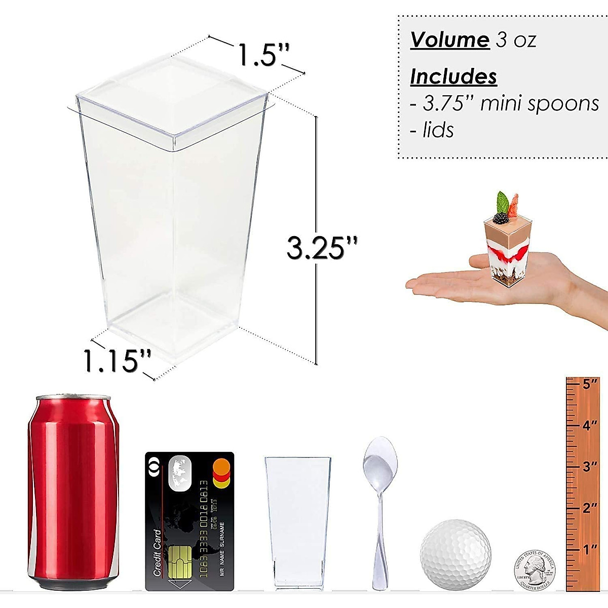 DLux 50 x 3 oz Mini Dessert Cups with Spoons and lids, Square Tall - Clear Plastic Parfait Appetizer Cup - Small Reusable Serving Bowl for Party Desserts Appetizers - With Recipe Ebook