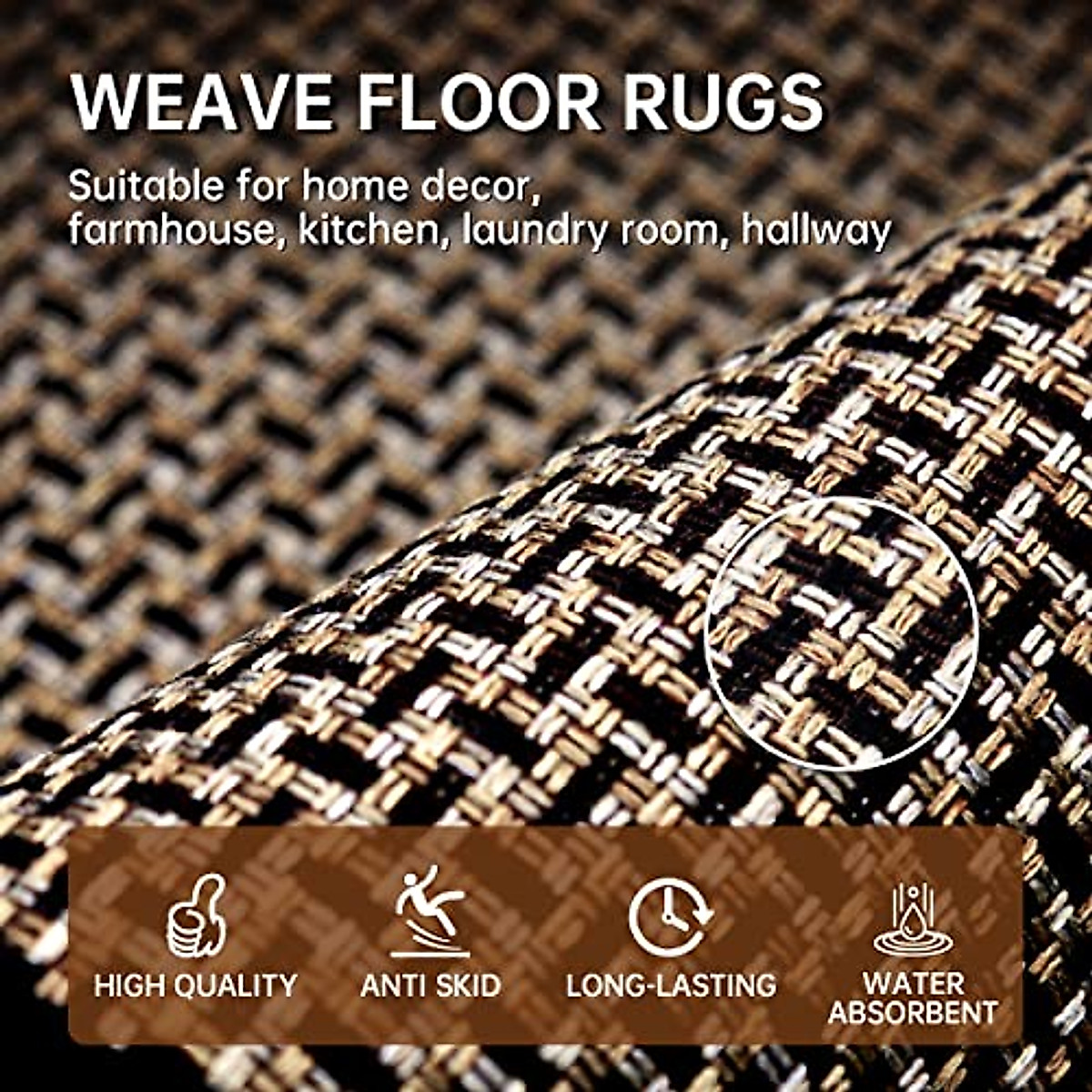 eqivei Kitchen Rugs and Mats Non Skid Washable Set of 2 PCS, Absorbent Runner Rugs for Kitchen, Farmhouse Weave Floor Mats in Front of Sink, 17.3"x 47"+17.3"x 29" (Black)