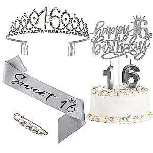 16th Birthday Decorations for Girls，Silver 16 Birthday Crown Tiara ，Cake Topper, Birthday Sash with Peal Pin and Birthday Candles Kit,16th Birthday Gifts for Girls
