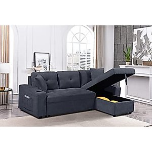 Longrune Modern Velvet Sectional Convertible with 2 Cupholders and Two Side Pockets,Reversible Pull Out Couch Storage Chaise Lounge for Living Room Apartment, Dark Gray