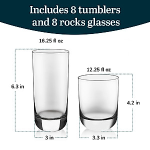 Libbey Polaris Tumbler and Rocks Glass Set, Clear Drinkware Glasses Set, Short and Tall Water Glasses with Modern Clean Lines, Dishwasher Safe Drinking Glasses Set of 16