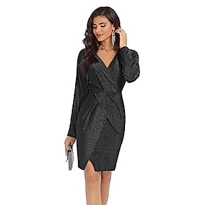Long Sleeve V Neck Sparkle Wrap Dress Ruched Cocktail Party Dresses Bodycon Midi Sexy Club Dress Black S