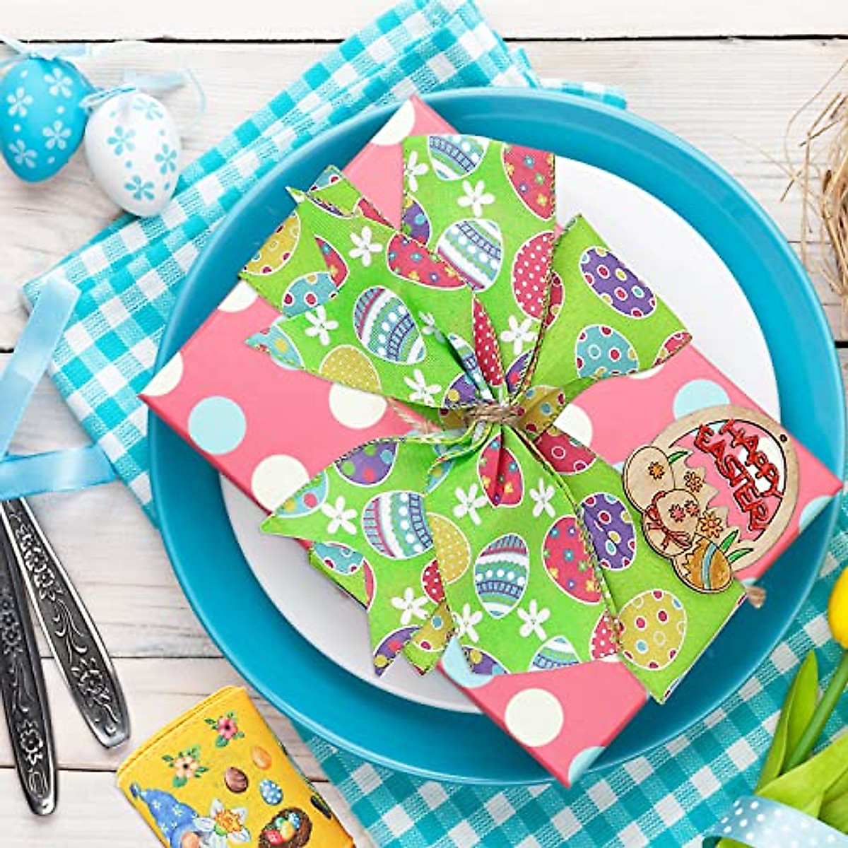 Easter Wired Edge Ribbon, 2.5 Inch x 26 Yards Easter Eggs Printed Ribbon Easter Truck Bunny Gnome Fabric Ribbons for Easter Wrapping Wreath Party Decoration DIY Craft Supplies