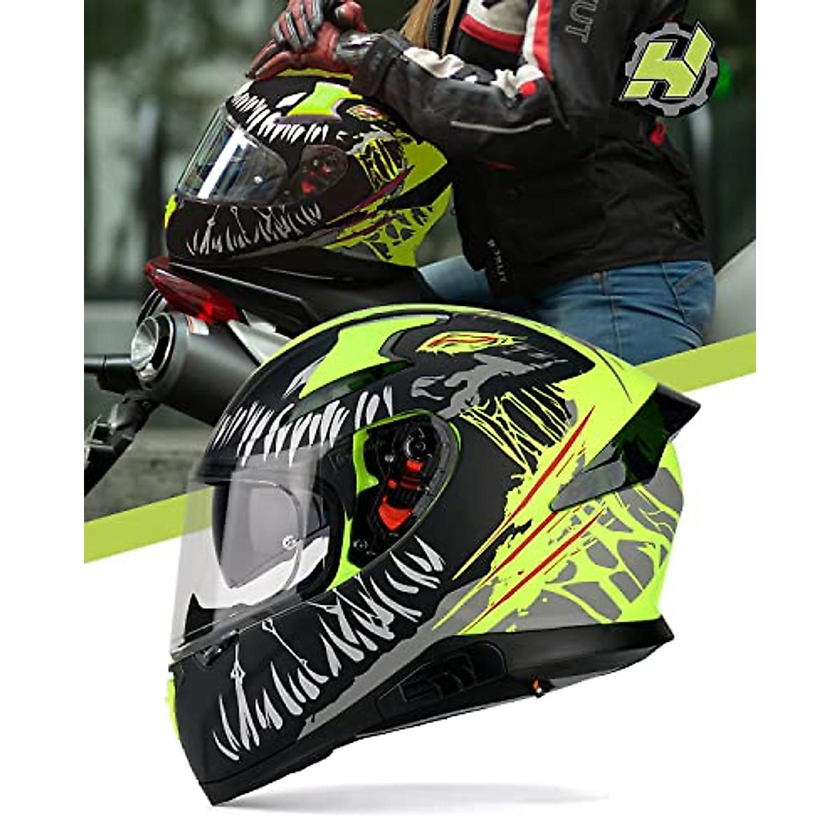 HAX Full Face Motorcycle DOT Approved Helmet with Dual Rear Wing and Pinlock Ready - Lightweight and Durable Motorbike Street Bike Helmet for Adults (Impulse Devour Yellow,S)