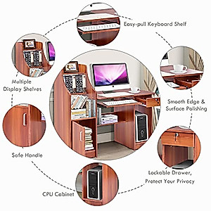 Tangkula Computer Desk with Storage Cabinet & Drawer, Wood Frame Home Office Desk with Pull-Out Keyboard Tray, Computer Workstation with Hutch Storage Bookshelf & CPU Compartment, Study Writing Table