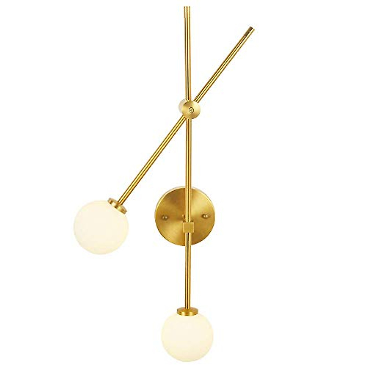 BAODEN Modern 2 Lights Globe Wall Sconce Industrial Wall Lamp with G4 Bulb Mid Century Rotatable Light Fixture Brushed Brass Finished with White Globe Glass Lampshade (Gold Color)