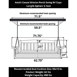 Amish Casual Heavy Duty 800 Lb Mission 5ft. Treated Porch Swing with Cupholders - Cedar Stain
