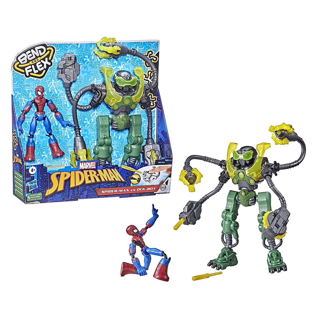 Marvel Bend and Flex Spider-Man Vs. Ock-Bot, 6-inch Spider-Man Action Figure, 10-Inch Ock-Bot with 2 Projectiles, Ages 4 and Up