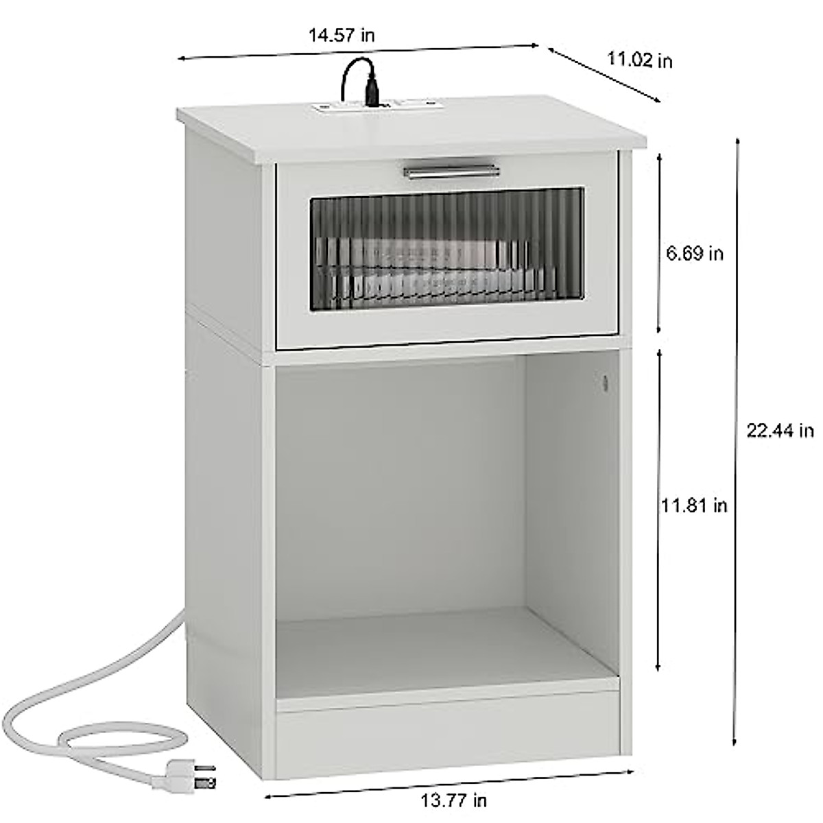 Nightstand with Charging Station and LED Light, Modern Bedside Table, Side End Table with Storage Compartment and Glass Door for Bedroom, Living Room -White