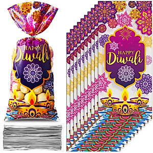 100 Pieces Happy Diwali Party Favor Bags, Festival of Lights Gift Candy Bags with Twist Ties Cellophane Plastic Treat Goodie Bags for Diwali Party, Indian Lights celebration Party Supplies Decoration