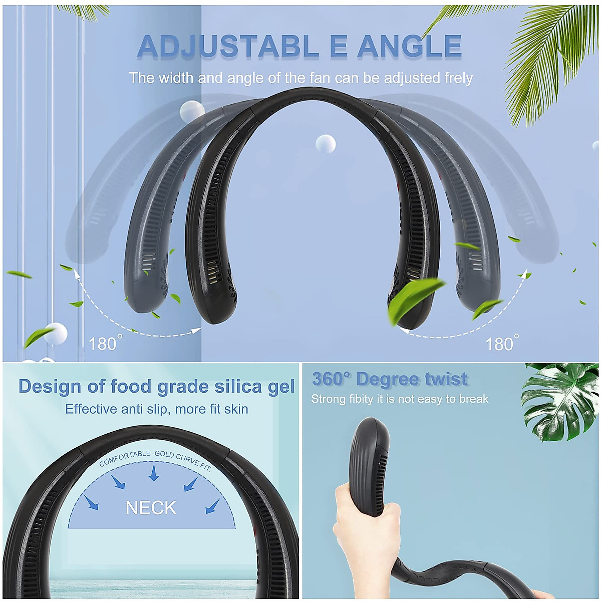 MQFORU Portable Neck Fan, Hands Free Bladeless Personal Fans - 3 Speeds, 64Air Outlet, Up to 8Hrs Use Time, 360°Cooling USB Rechargeable Wearable Fan for Office Camping Sports Travel (Black)