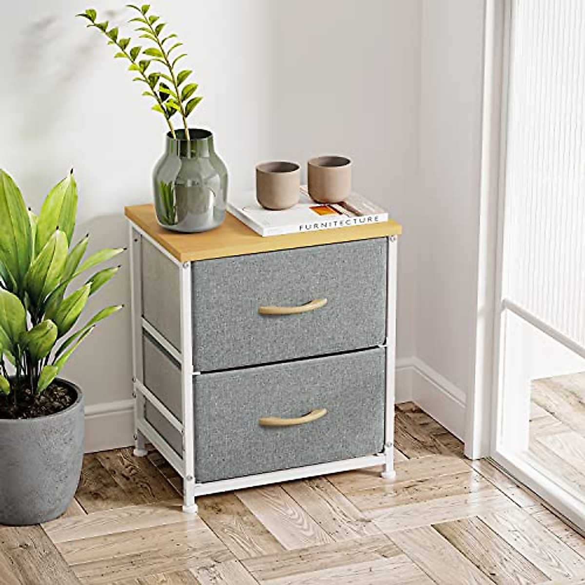 FEZIBO 2 Drawers Fabric Dresser, Nightstand for Bedroom, Small Storage Tower Organizer Unit for Closet Hallway Entryway Nursery Room, Steel Frame, Wood Top, Linen