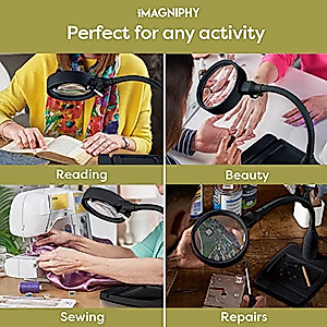 iMagniphy 8X Desk Magnifying Light - White or Black - Magnifying Lamp for Reading, Crafts - Desk Magnifying Glass with Light and Stand, 6 LEDs, Base