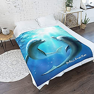Dolphins Deep Ocean Personalized Blanket with Name Text Custom Comfort Super Soft Cozy Fleece Fashion Throw Blankets for Wedding Birthday Gift 50x60 Inch