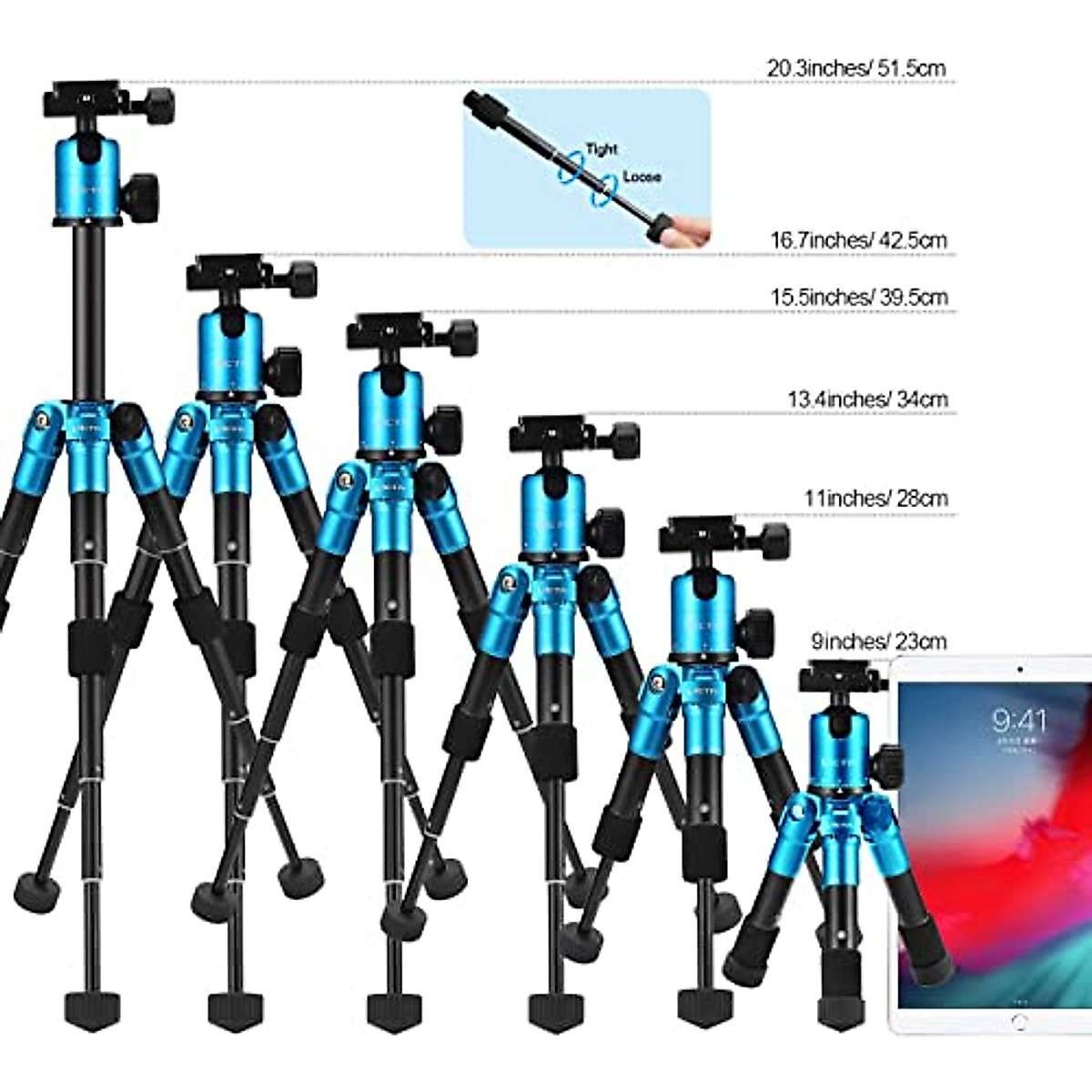 Tabletop Tripod, 20 inch Portable Desktop Mini Tripod for Camera with 360 Degree Ball Head, Aluminum Small Travel Tripod, Compatible with DSLR Camera/Video Camcorder/Cell Phone/Spotting Scope (Blue)