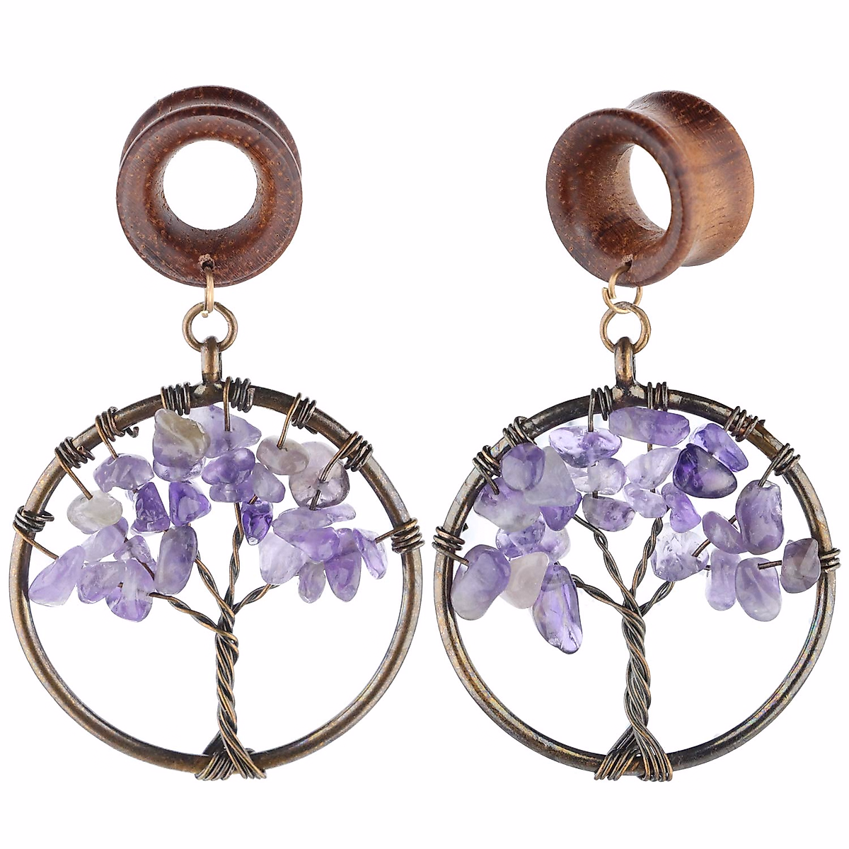 0G 8mm Amethyst Tree of Life Wood Dangle Ear Gauges Piercing Flesh Tunnels Plugs Stretching Kit Expander