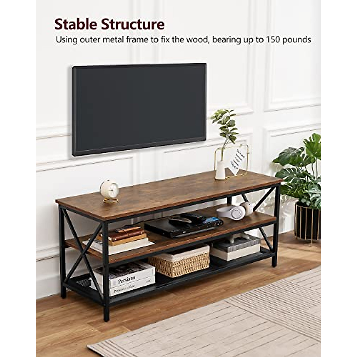 WEENFON Wood TV Stand for 55 Inch TV, 47 Inch Metal TV Table with Adjustable Leg, Unique Rustic Storage Shelve for Living Room, 3-Tiers TV Console for Bedroom, Rustic Brown