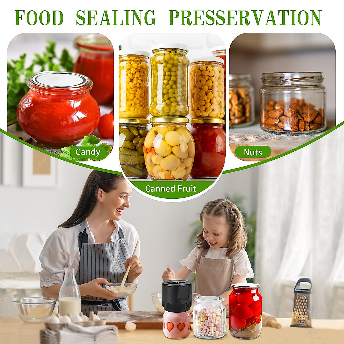 Electric Mason Jar Vacuum Sealer, Cordless Mason Jar Vacuum Sealer Kit for Wide Mouth and Regular Mouth Mason Jars, Portable Food Storage for Food Vacuum Storage