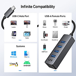 USB C to USB Hub 4 Ports, uni Aluminum USB 3.0 Multiport Adapter [Thunderbolt 3/4 Compatible] for MacBook Pro/Air, Mac Mini M2, Surface Laptops, XPS | Keyboard, Mouse, HDD, and More