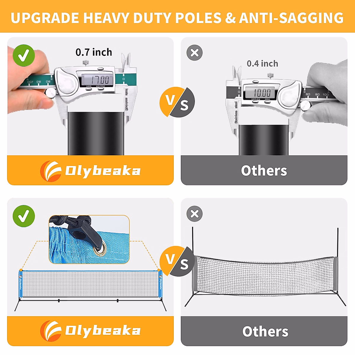 Olybeaka All-in-one Portable Badminton Net Pickleball Net Height Adjustable Kids' Volleyball Net Set for Backyard Beach Driveway Include 4 Aluminum Badminton Rackets + 2 Pickleball Paddles (10 ft)