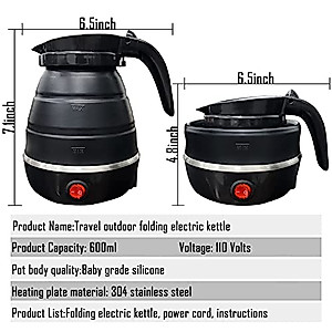 VANZO Foldable Electric Travel Kettle - Portable and Convenient Silicone Collapsible Water Boiler and Tea Pot for Camping - Easy Storage with Detachable Power Cord (Black) , (WHH-649)
