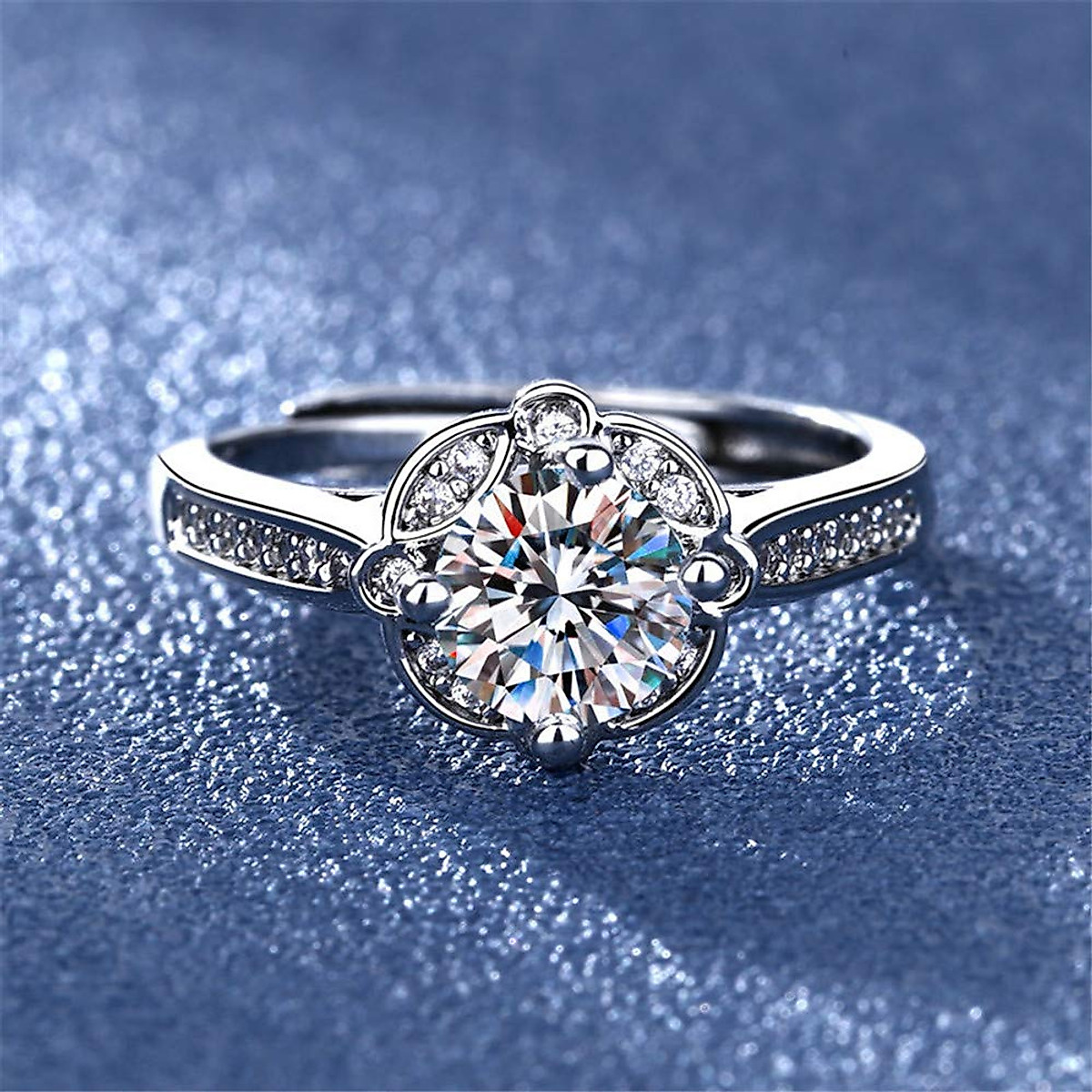 T Brand Platinum Plated Round CZ Solitaire Accent Wedding Promise Ring Flower Design Adjustable Bridal Rings for Women Y1212,Silver