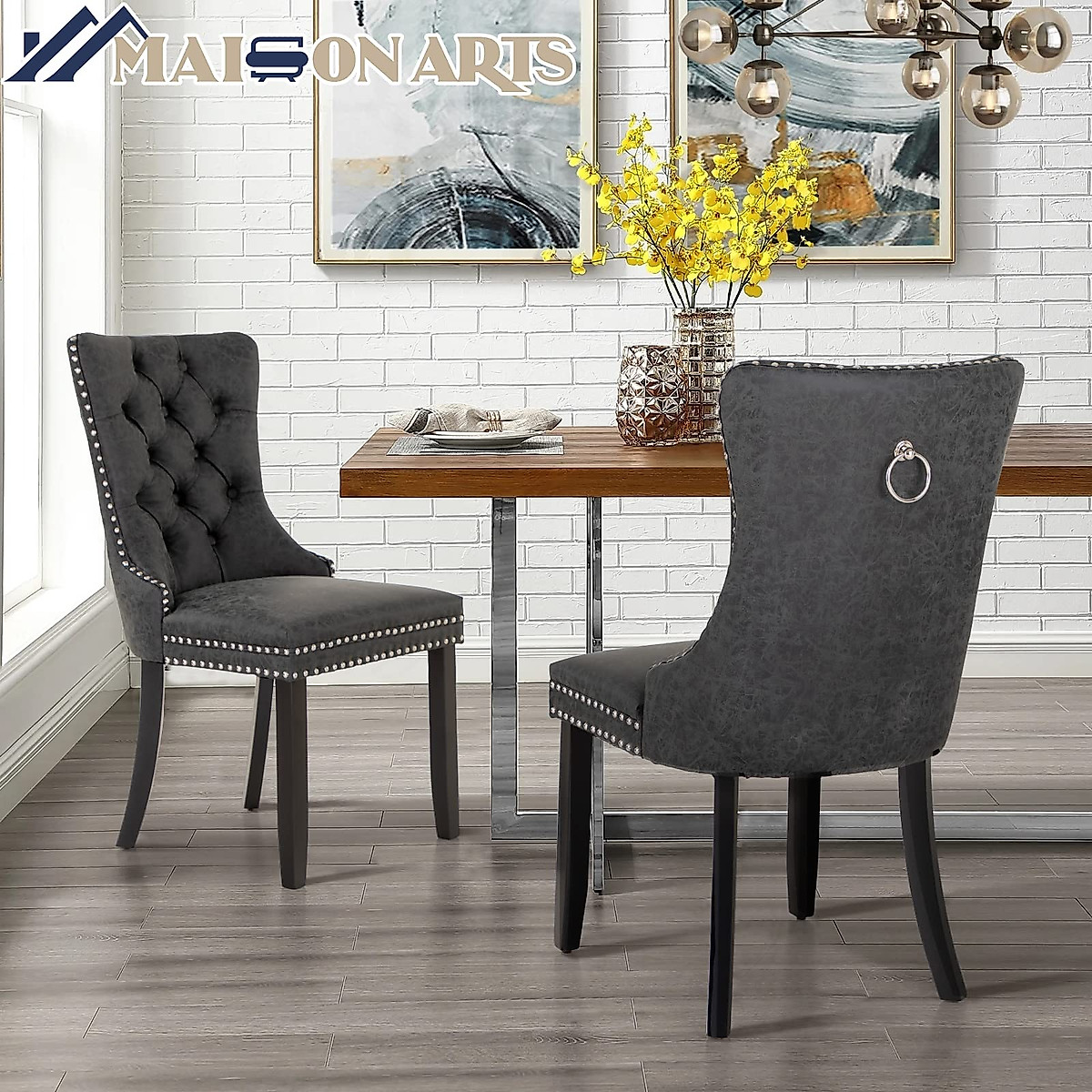 MAISON ARTS Faux Leather Dining Chairs Set of 6, Upholstered Tufted Dining Room Chair with Pull Ring Trim & Button Back Modern Diner Chairs Solid Wood Legs for Kitchen Dining Room, Black