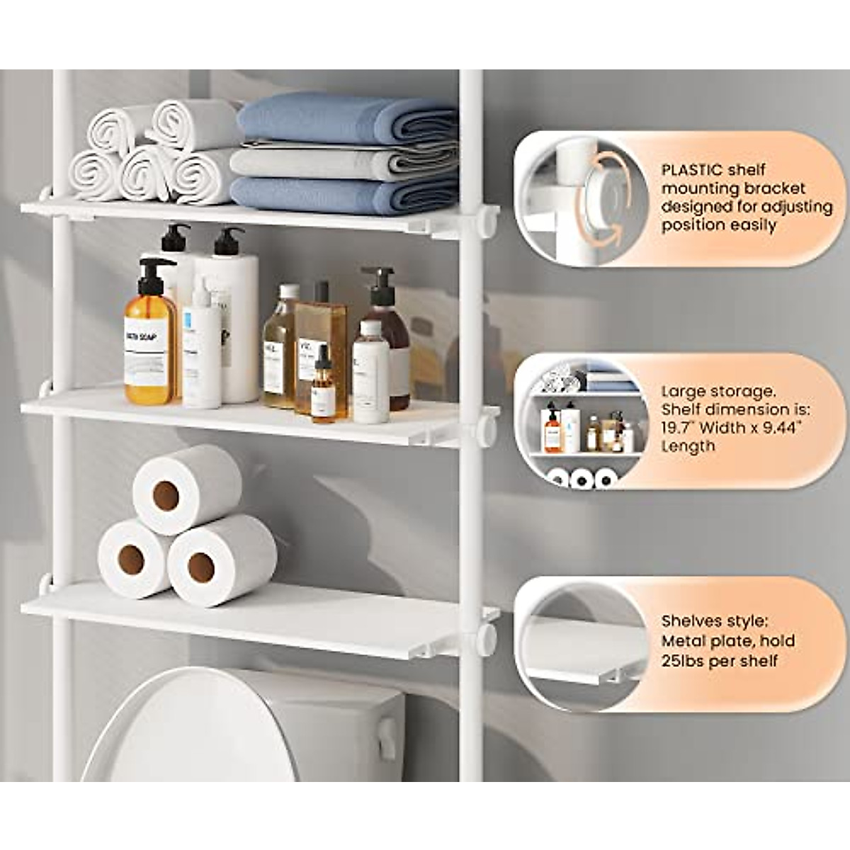 ALLZONE Over The Toilet Storage Cabinet, 4-Tier Over Toilet Bathroom Organizer, Adjustable Bathroom Shelves Over Toilet, Fit Most Showers on Above Toilet Storage, 93 to 116 Inch, Metal Shelves,White