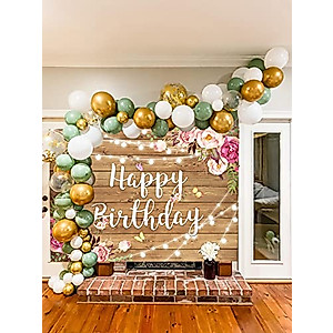 Rustic Wood Floral Birthday Backdrop Spring Pink Flower Wood Glitter Happy Birthday Photography Background Women Girl Newborn Kids Adult Birthday Party Wedding Decoration Photo Shoot Props 7x5FT