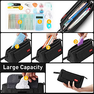 Pencil Case with Two Large Compartment Pockets Large Capacity Pencil Pouch Pencil Pouch Cosmetic Bag School Supplies Office Stationery Storage Gift for Students Girls Boys Adults Teenagers-Black