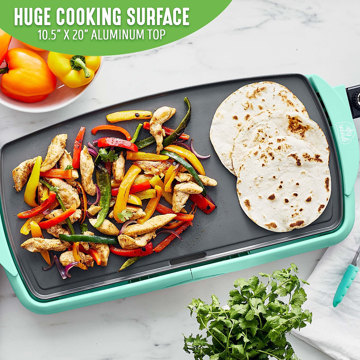 GreenLife 20" Electric Griddle, Extra Large Surface for Pancakes Eggs Fajitas, Healthy Ceramic Nonstick Coating, Stay Cool Handles, Removable Drip Tray, Temperature Control, PFAS-Free, Turquoise