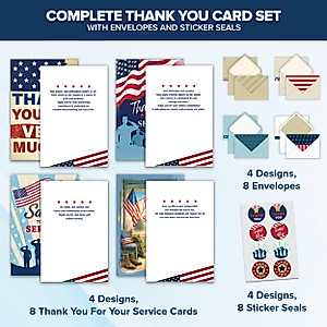 Decorably 8 Pack Thank You for Your Service Cards for Veterans with Envelopes & Stickers - 4 Designs Printed Message Inside Patriotic Cards with Envelopes, 5x7in Veterans Day Cards